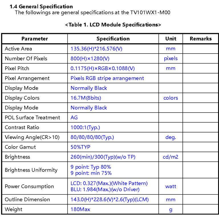 BOE TV101WX1-M00-D001 10.1-inch 800X1280 Commercial TFT LCD Panel - Facelcd